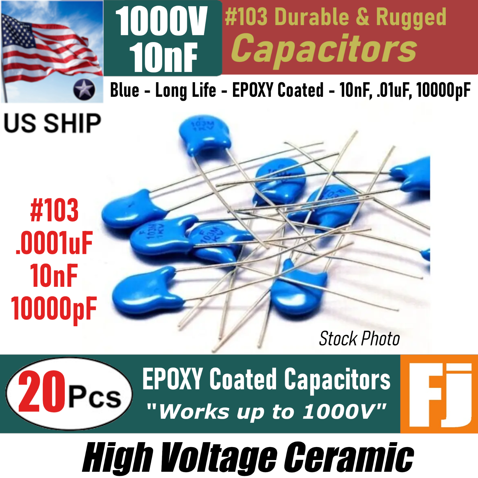 20x High Voltage Ceramic Capacitors 103 10nF .01uF 1KV | 20 Pcs